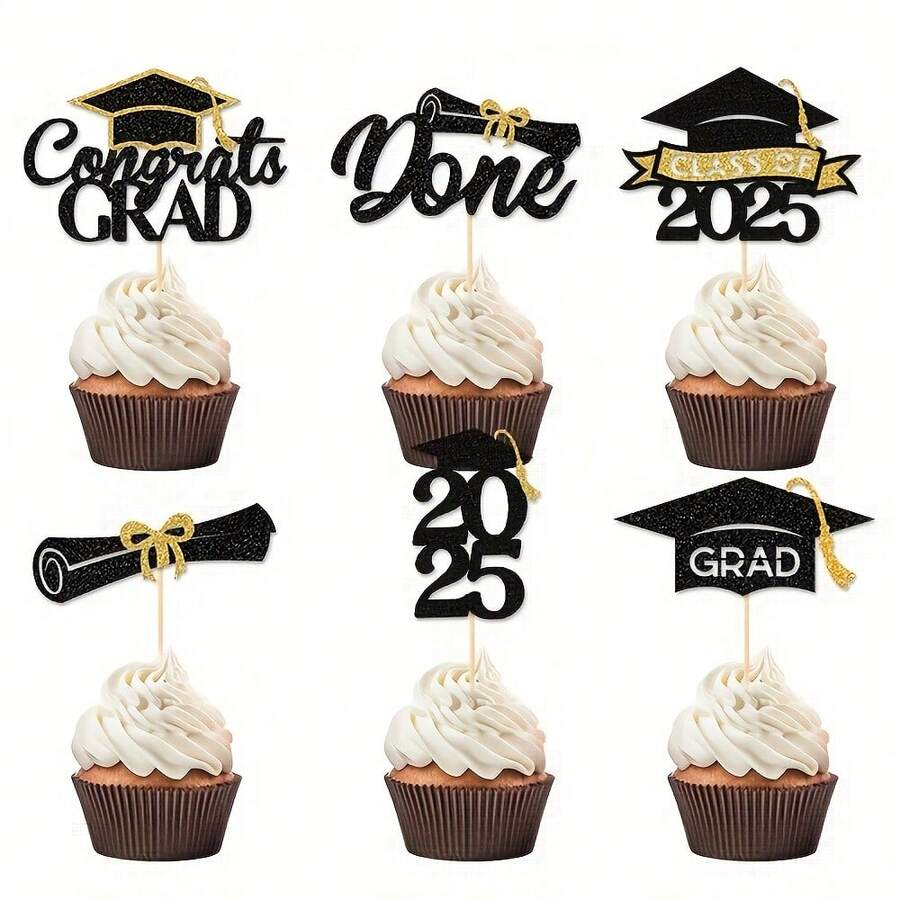 24pcs Graduation Theme Cupcake Toppers Glitter Class Of 2025 Diploma ...