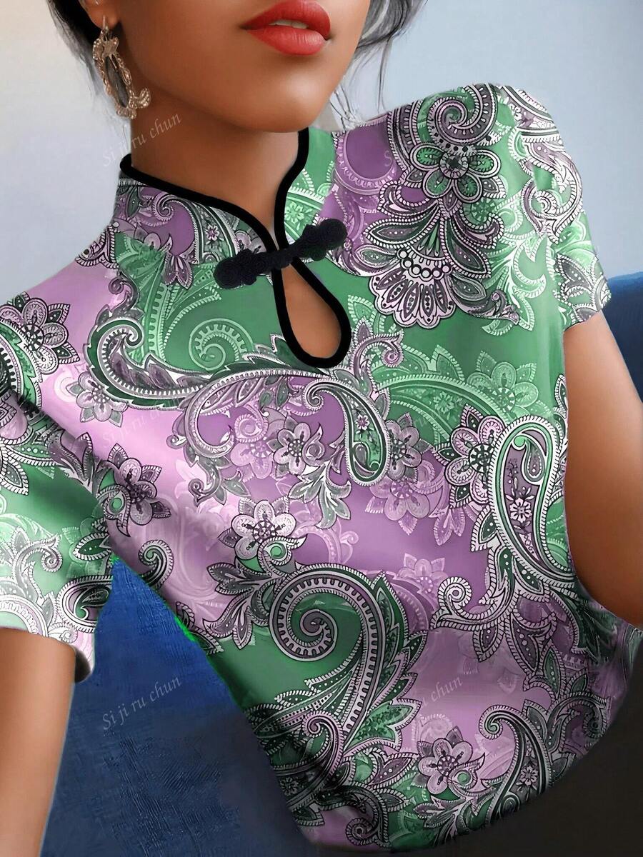 Retro Cheongsam Blouse For Women, Ditsy Floral, Slim Fit, Short Sleeve ...