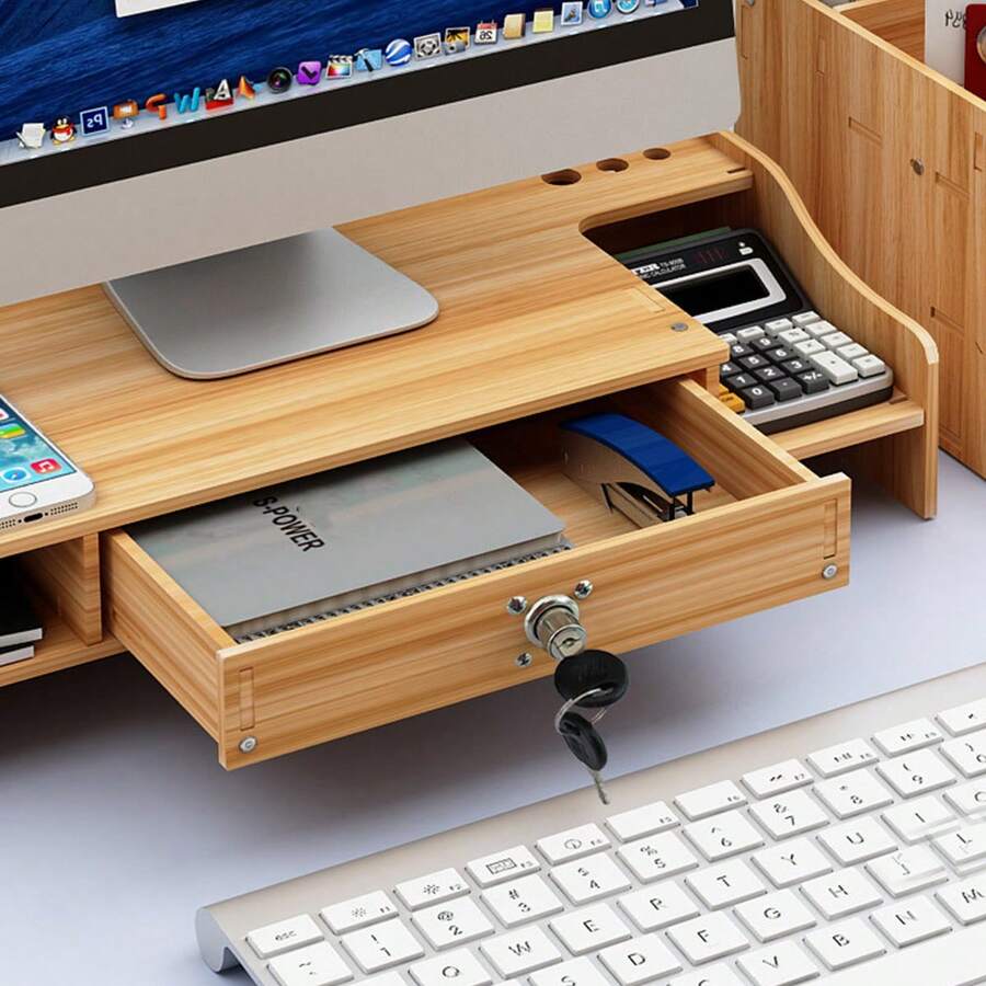 Wooden Computer Monitor Stand, Desk Organizer Rack Storage Box For ...