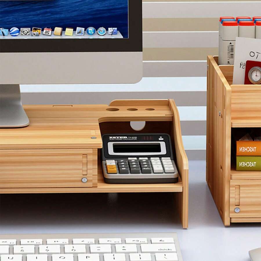 Wooden Computer Monitor Stand, Desk Organizer Rack Storage Box For ...