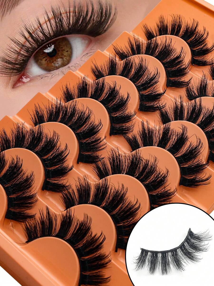 Russian Style 3D Curled Fluffy False Eyelashes, 7 Pairs, Thick Messy ...