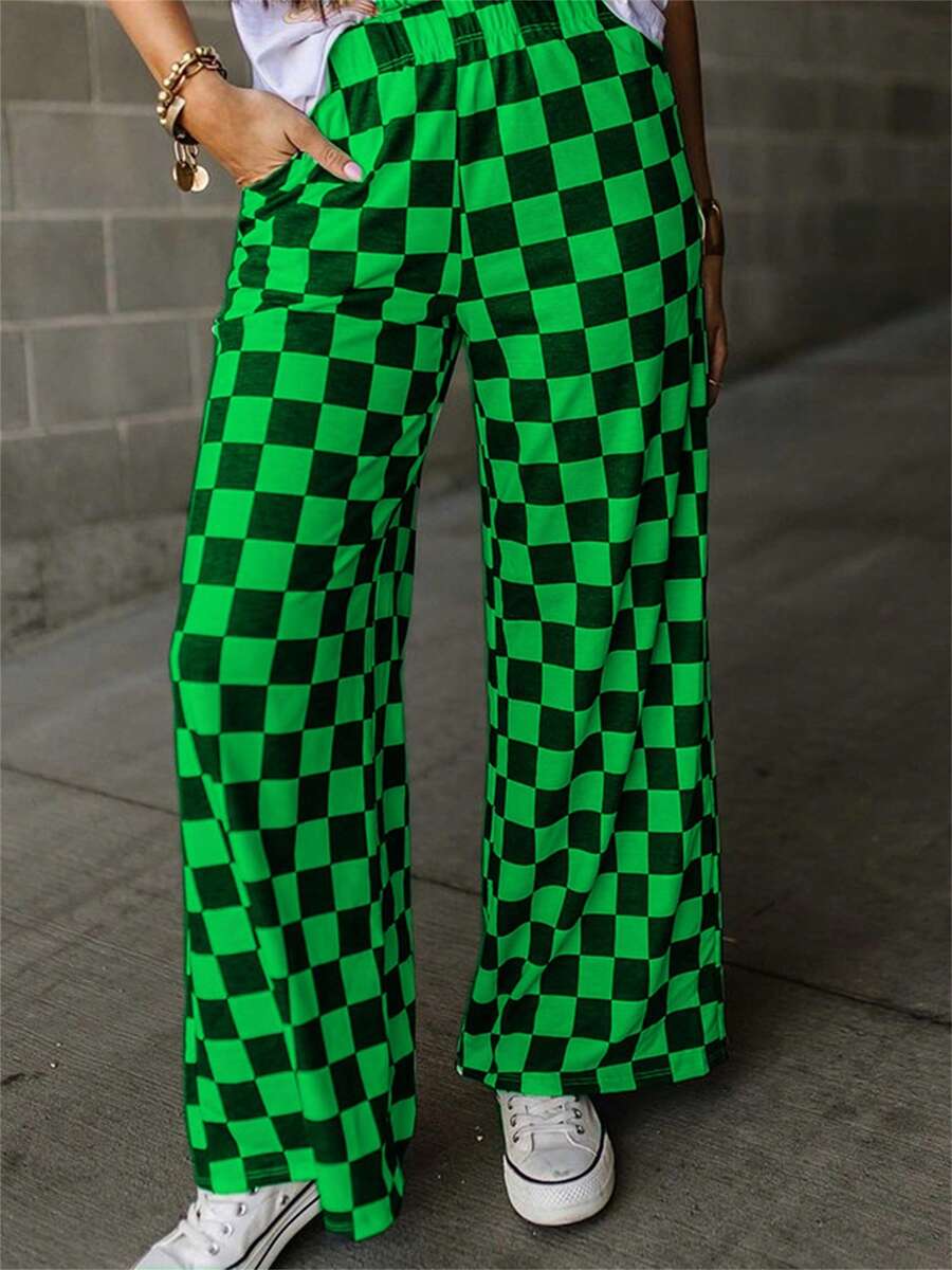 Women Checkered Pants Elastic Waist Loose Wide Leg Checkerboard Pants ...