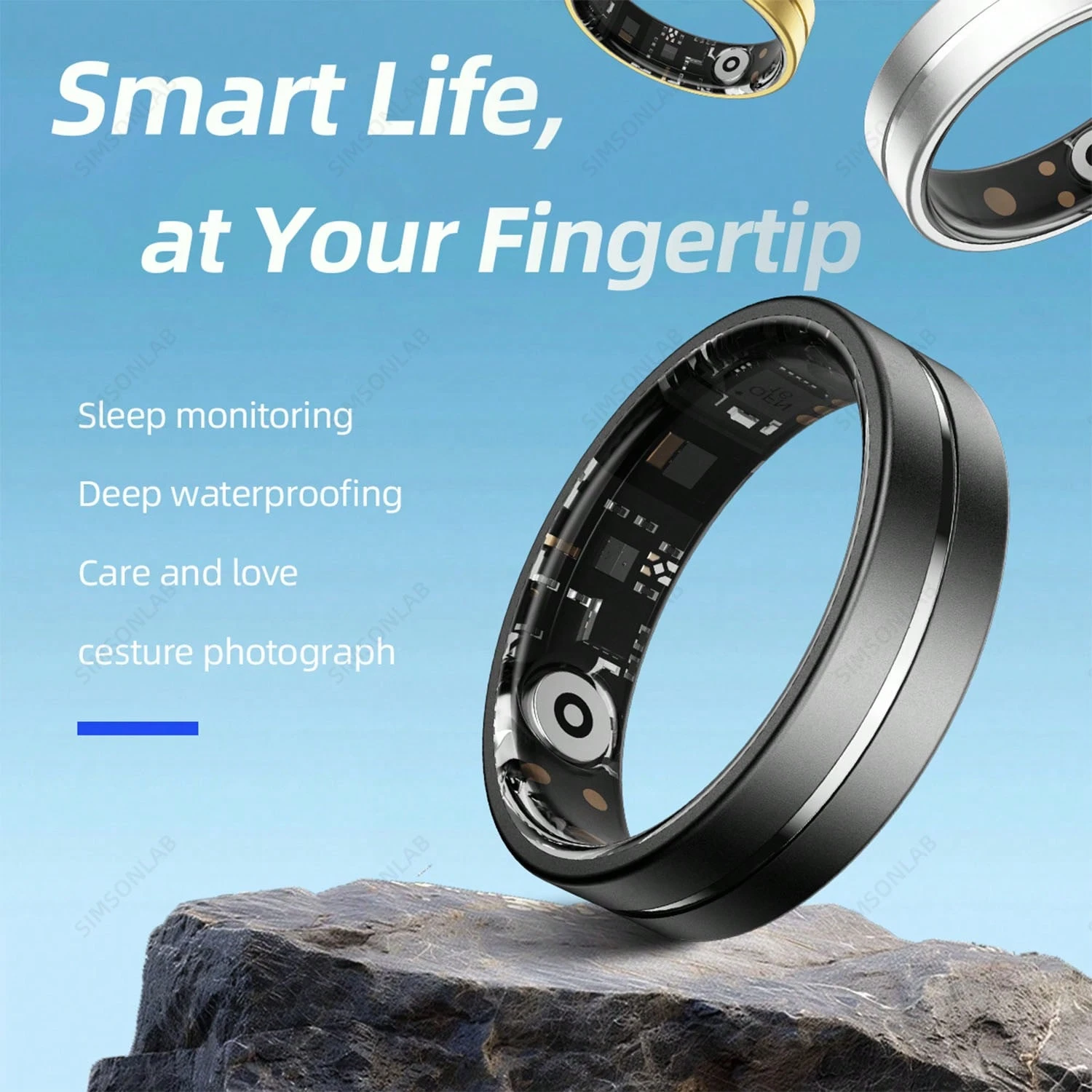 SIMSONLAB Fashionable Smart Ring, IP68 Waterproof Rating, Low Power ...