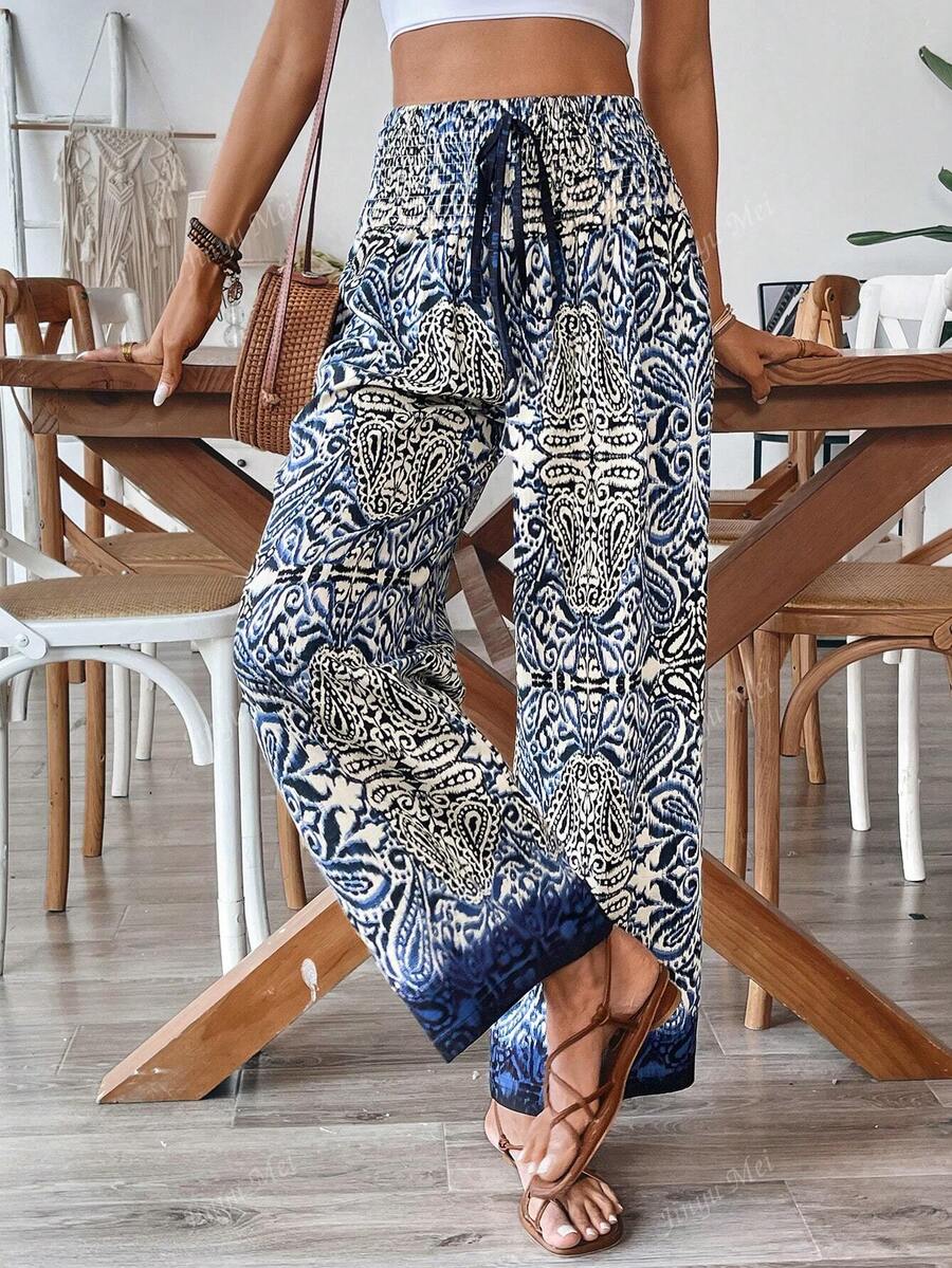 Women's Comfortable Bamboo Knot Print Waist Drawstring Tassel Wide Leg ...