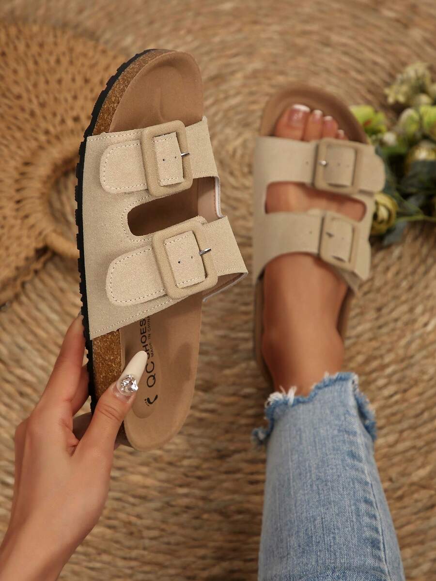 Women's Simple Open Heel Comfort Vacation Flat Mule Sandals, Beige ...