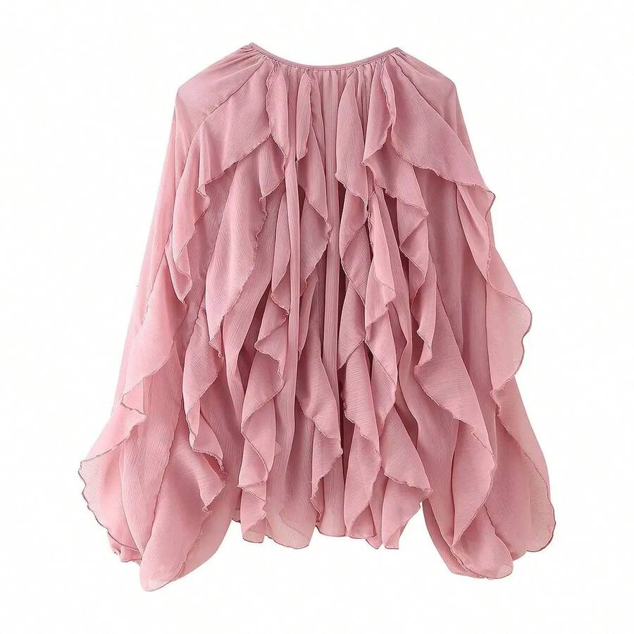 Sexy Women Translucent Ruffles Blouses 2025 New Fashion V-Neck Single ...