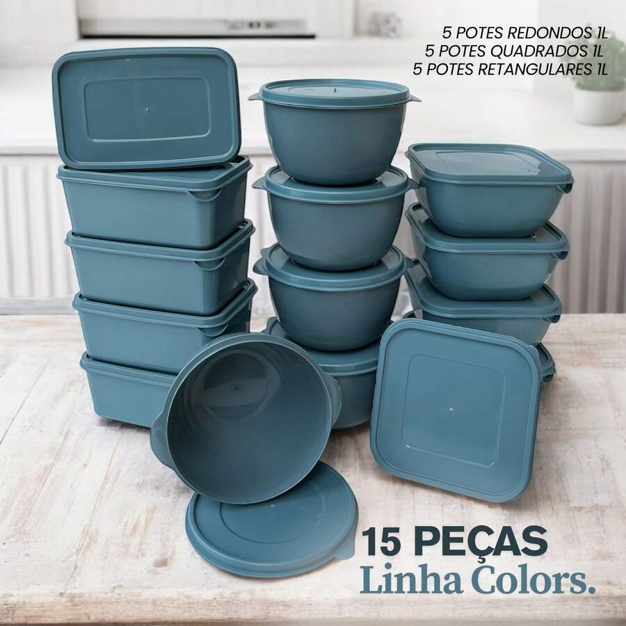 Kit 15 1 Liter Pots COLORS LINE 5 Round Pots, 5 Rectangular Lunch Boxes ...