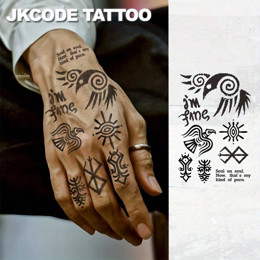 JKCODE TATTOO وشم أشباح غربان الفايكنج شبه دائم، للأيدي، رموز غامضة وشم ...