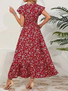 Floral Print Tie-Waist A-Line Dress With Ruffle Short Sleeves, Resort ...