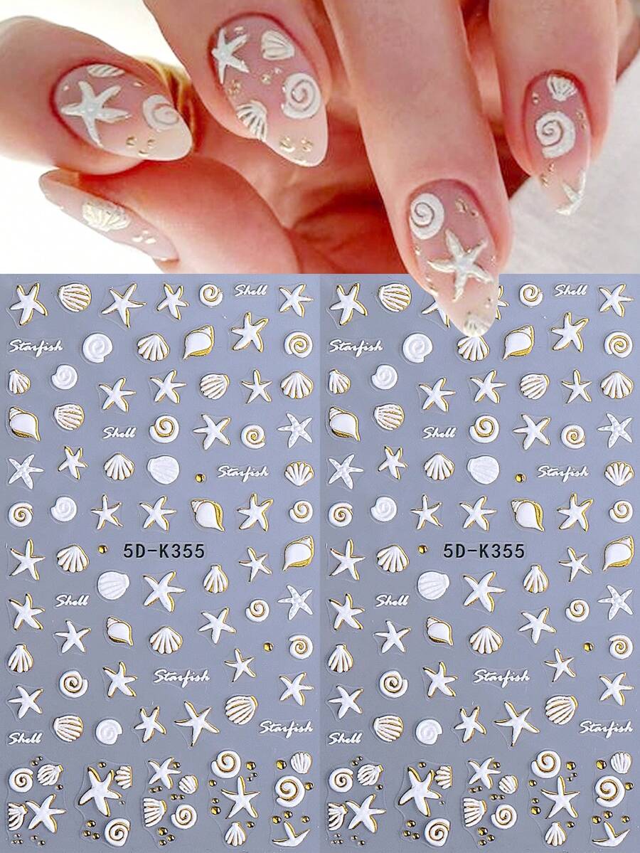 2pcs 5D Bronzing White Shell Summer Nail Stickers Embossed Ocean Beach ...