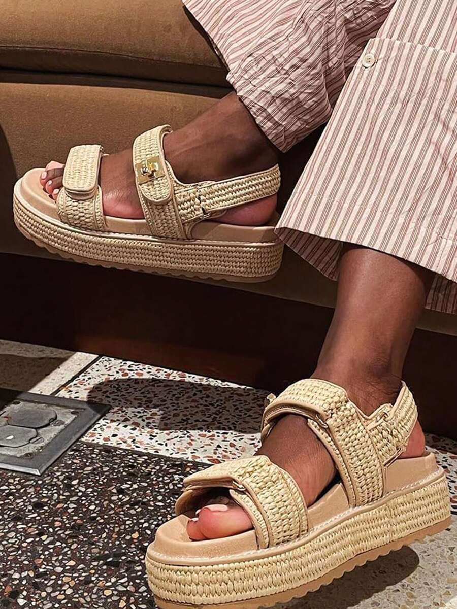Women's Raffia Platform Sandals Adjustable Double Buckle Platform ...
