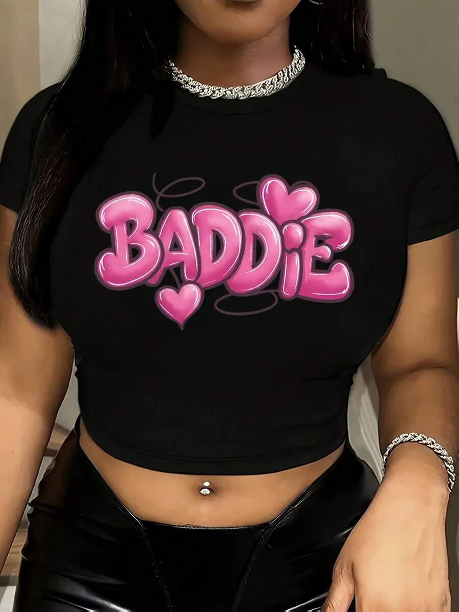 Baddie Graphic Tee, 100%, Short Sleeve, Crew Neck, Geometric Pattern ...