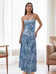 Women Y2k Strapless Maxi Dress Drop Waist Tube Top Dresses High Slit ...