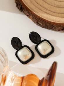 1 par de brincos quadrados de metal preto e pingente de poliresina champanhe, estilo europeu ...