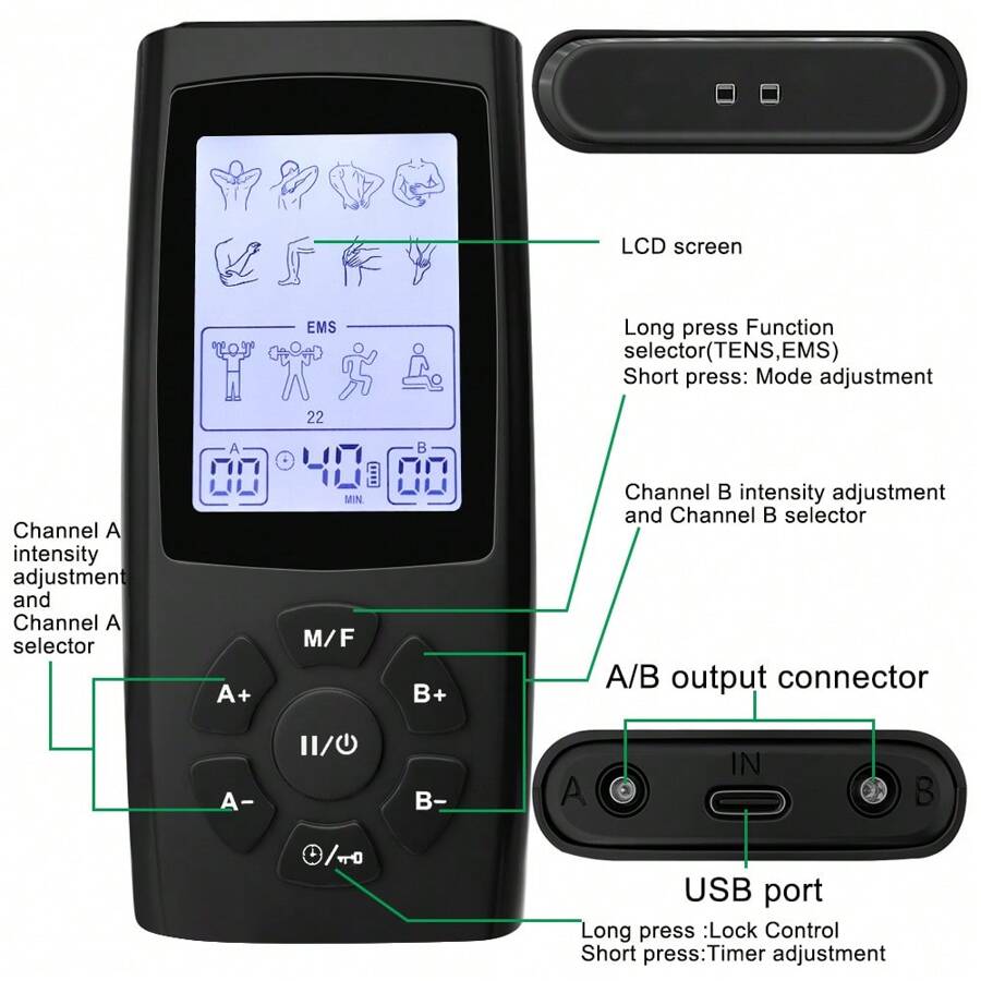 TENS Rechargeable TENS Unit Machine - USB Charging EMS Muscle Stimulator For Back, Shoulder ...