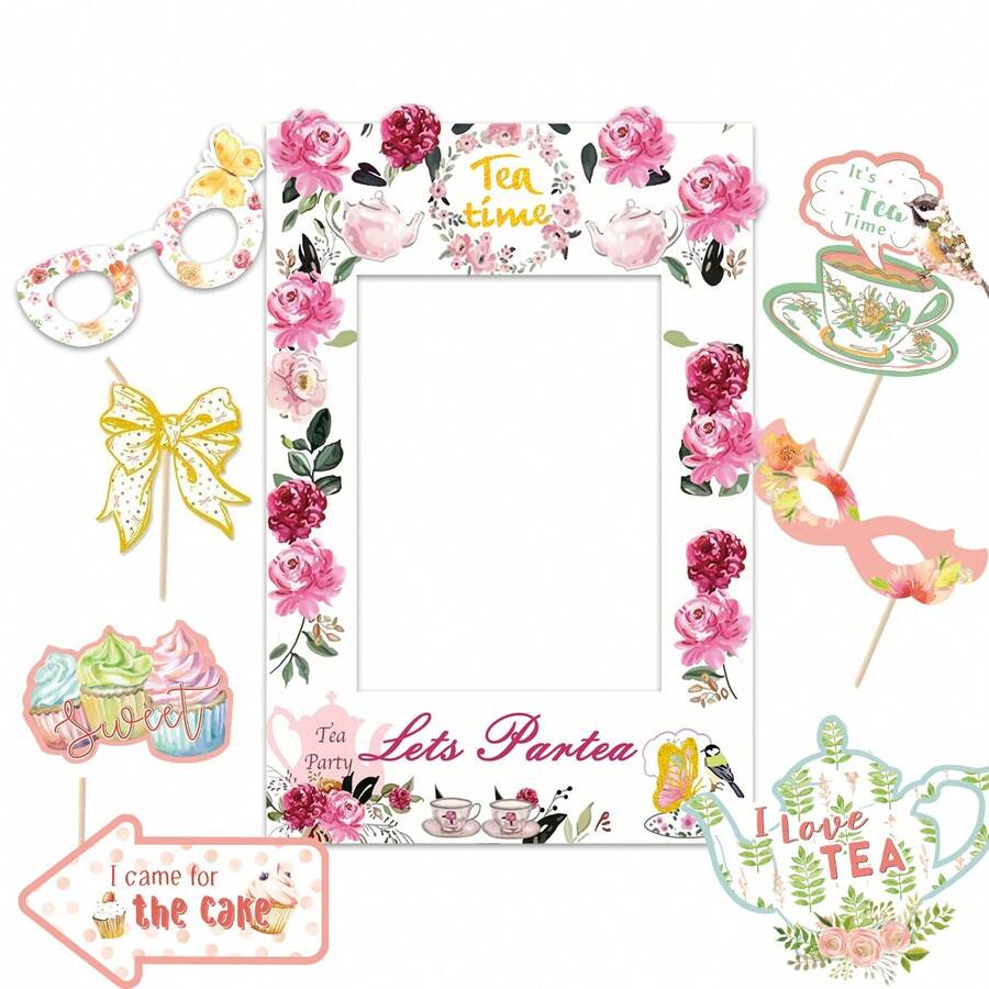 8pcs Set Tea Party Decorations, Floral Lets Partea Photo Booth Frame ...