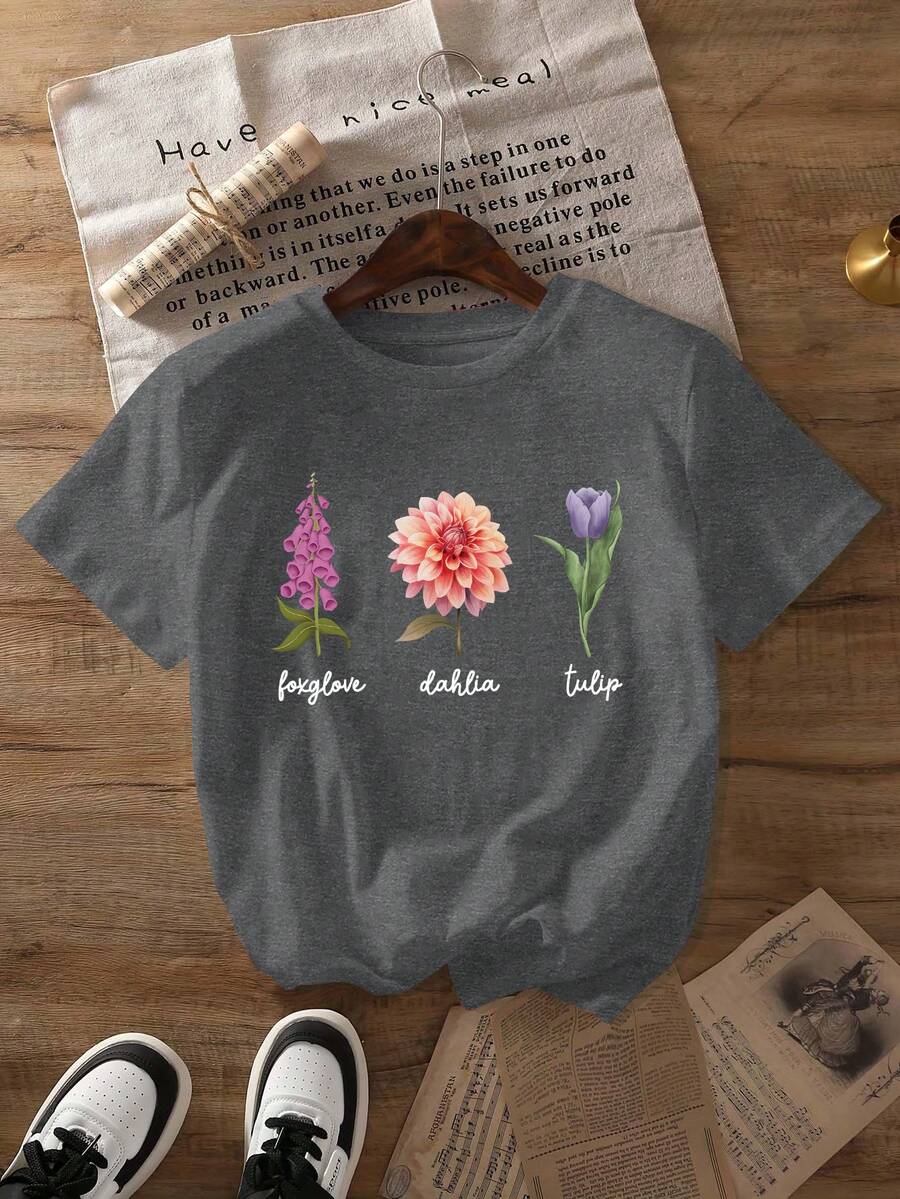 Floral Subtle FDT Graphic Print T Shirt, Short Sleeve Crew Neck Casual ...