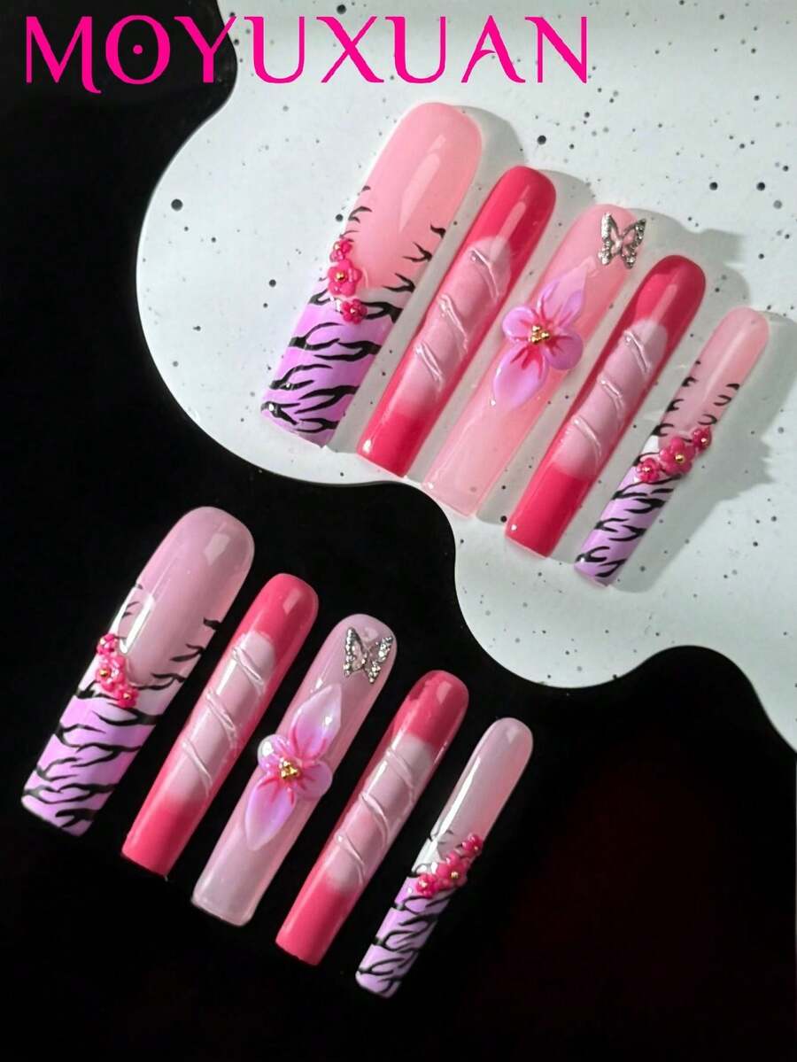 10 Pcs Of Handmade Nail Suits, Super Long Coffin-Shaped Pink, Classic ...