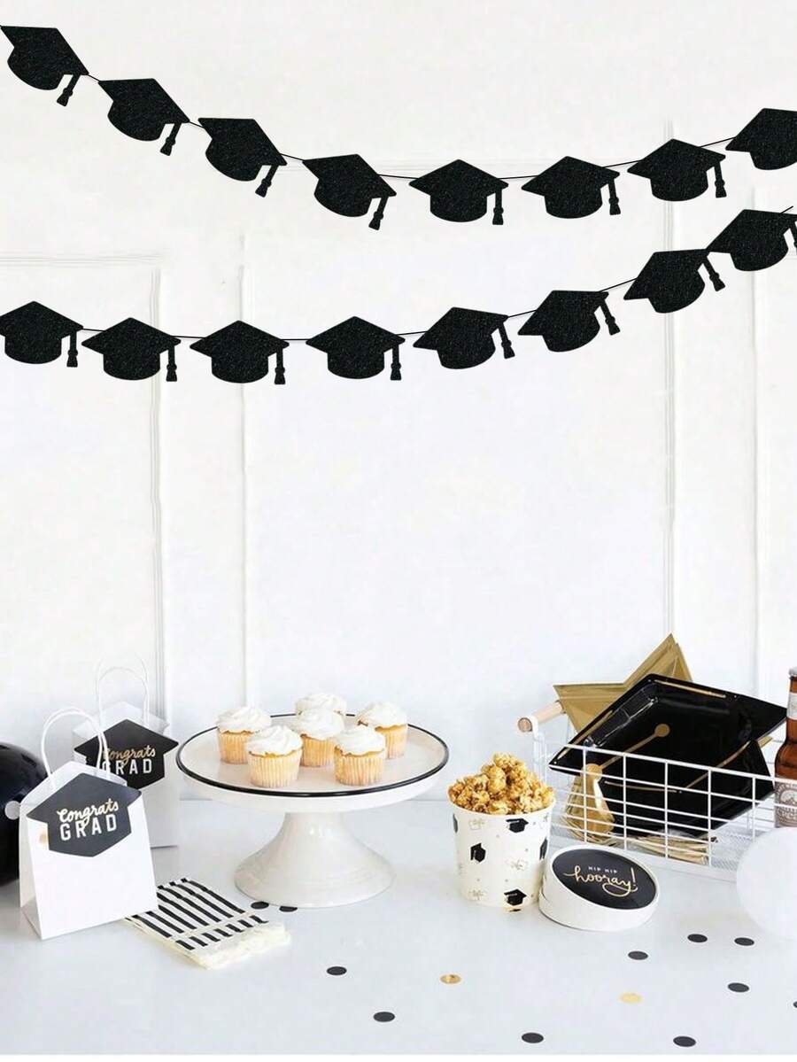 Black Glitter Graduation Cap Garland Banner, 2025 Graduation Banner ...