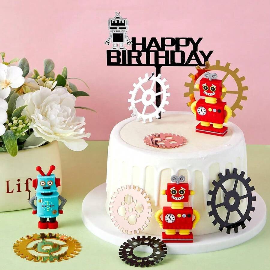 11pcs Robot Cake Decorations, Suitable For Men - Robot Birthday Cake ...