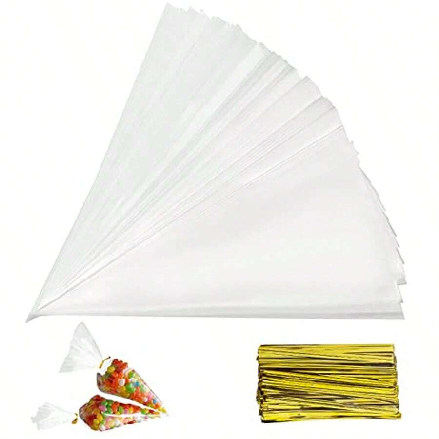 Bulk Clear Plastic Cone Treat Bags Set With 100 Shiny Gold Twist Ties ...