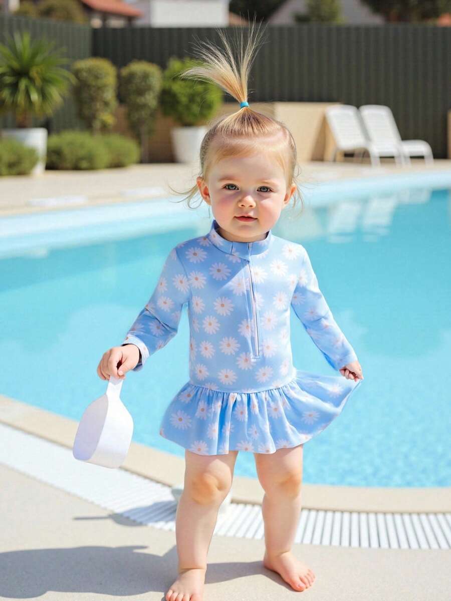 Toddler Girls Rash Guard Swimsuit Rompers Long Sleeve Daisy Print Baby ...