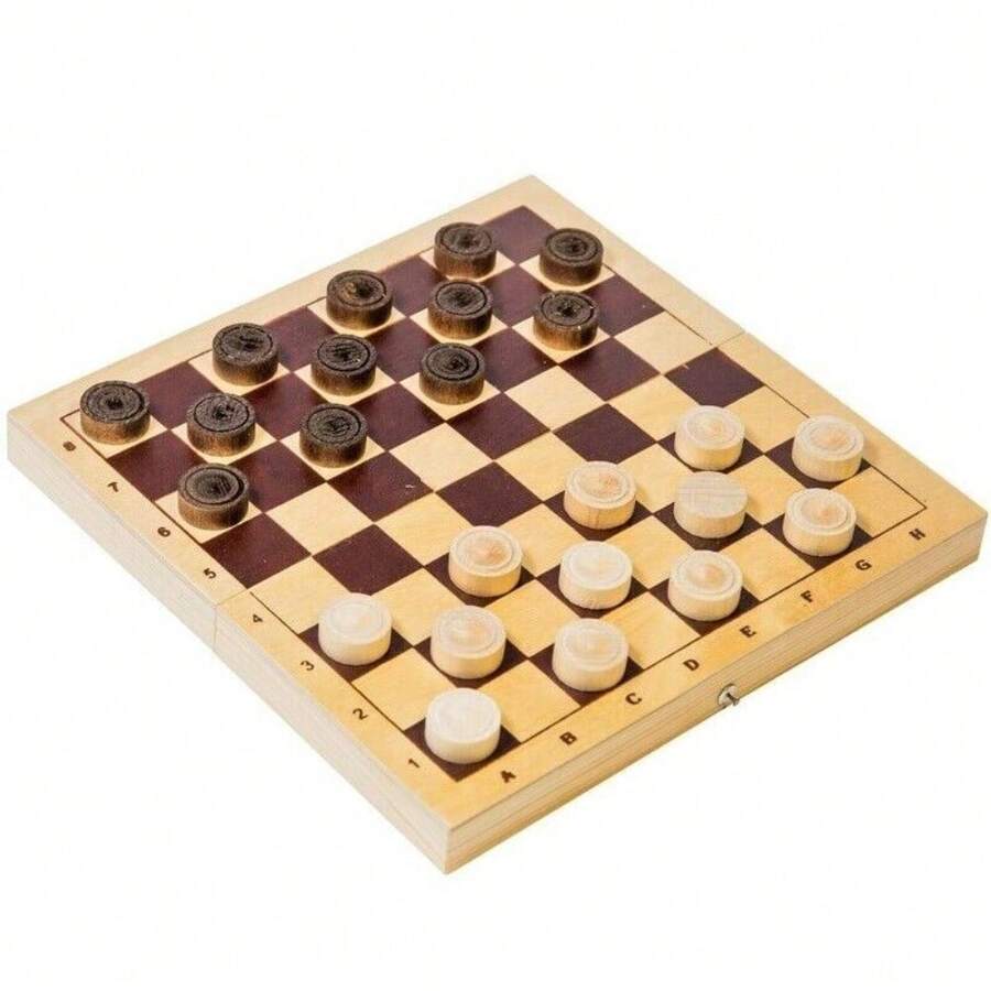 Wooden Checkers With Chess Board Foldable Portable Set Of 24 Draughts 9 ...