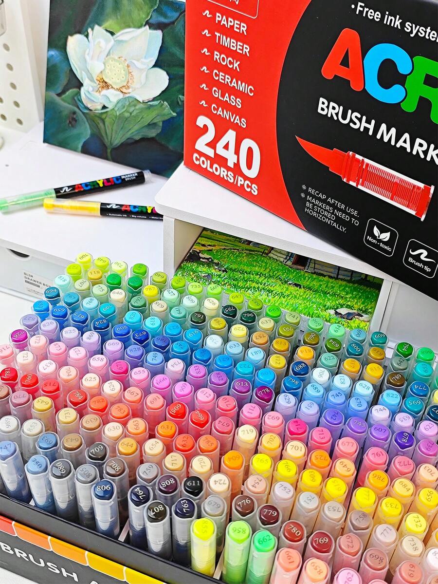 GuangNa 240 Colors Waterproof Liquid Acrylic Marker Pens , Soft Brush ...