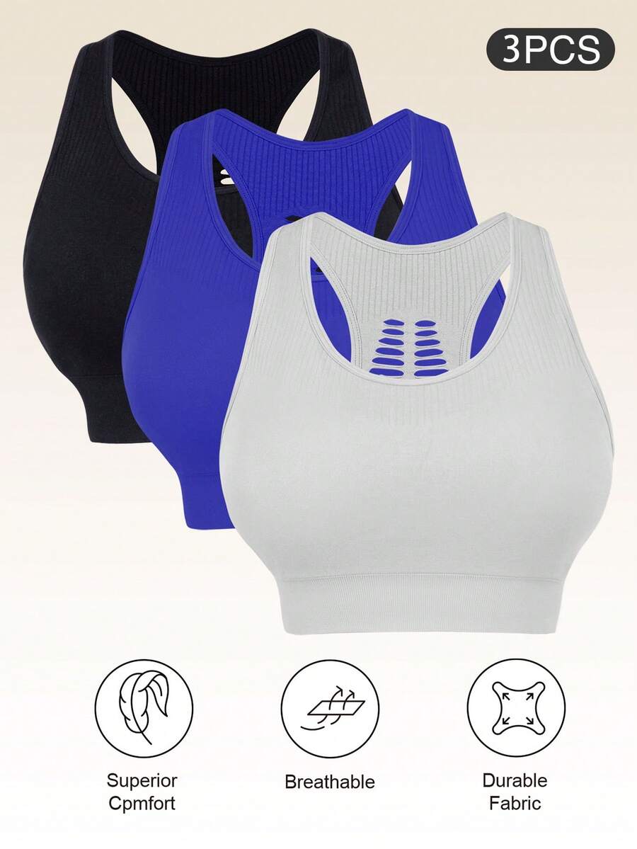 3pcs Plus Size Women's Camisole Bras With Removable Pads, Hollow Back ...