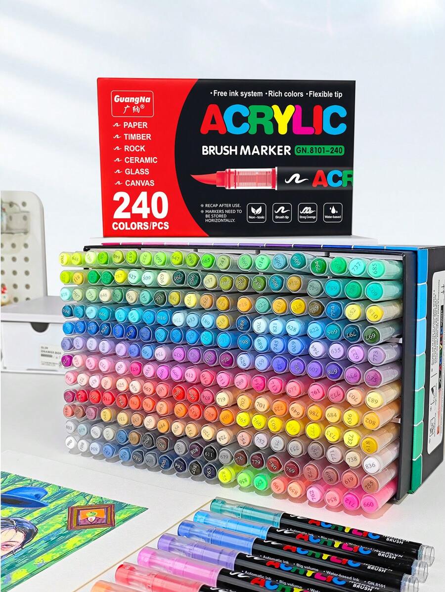 GuangNa 240 Colors Waterproof Liquid Acrylic Marker Pens , Soft Brush Tip Acrylic Paint Markers ...