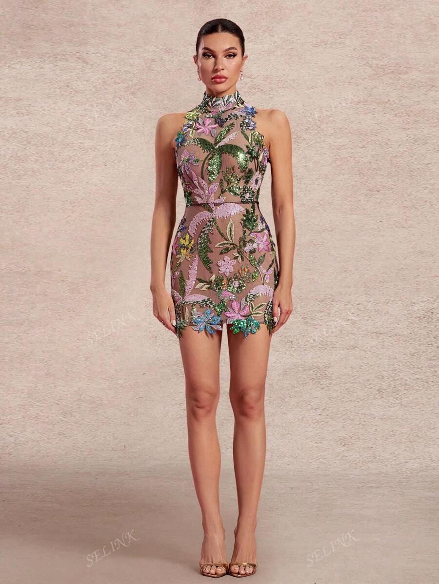 Asymmetrical Embroidery Sequined Elegant Romantic Vintage Party Sexy Open Back Sequin Patchwork ...