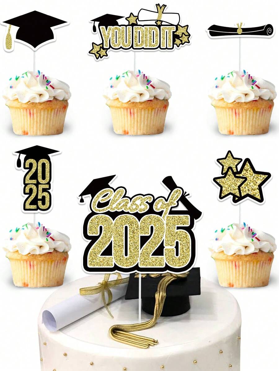 16pcs 2025 Graduation Cupcake Toppers - Black Gold Grad Cap & Stars ...
