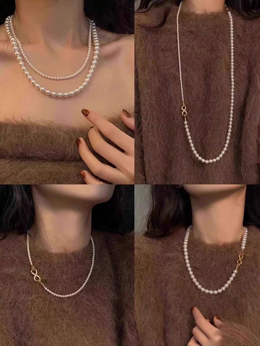 1pc Faux Pearl Figure-8 Clasp 2-Layer Detachable Necklace, Suitable For ...