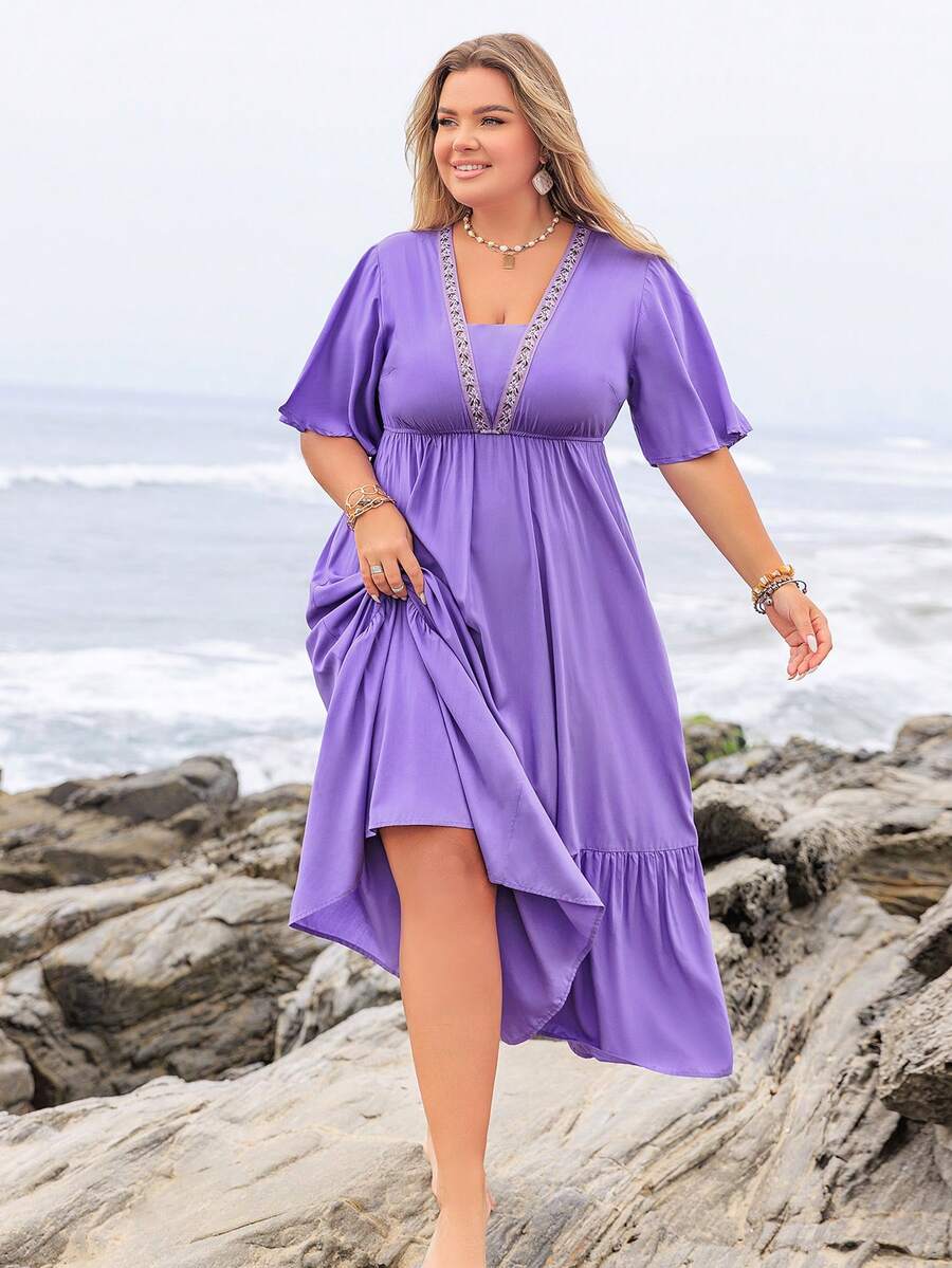 Rusttydustty Bohemian Purple Ribbon V-Neck Dress Leisure Party Seaside ...