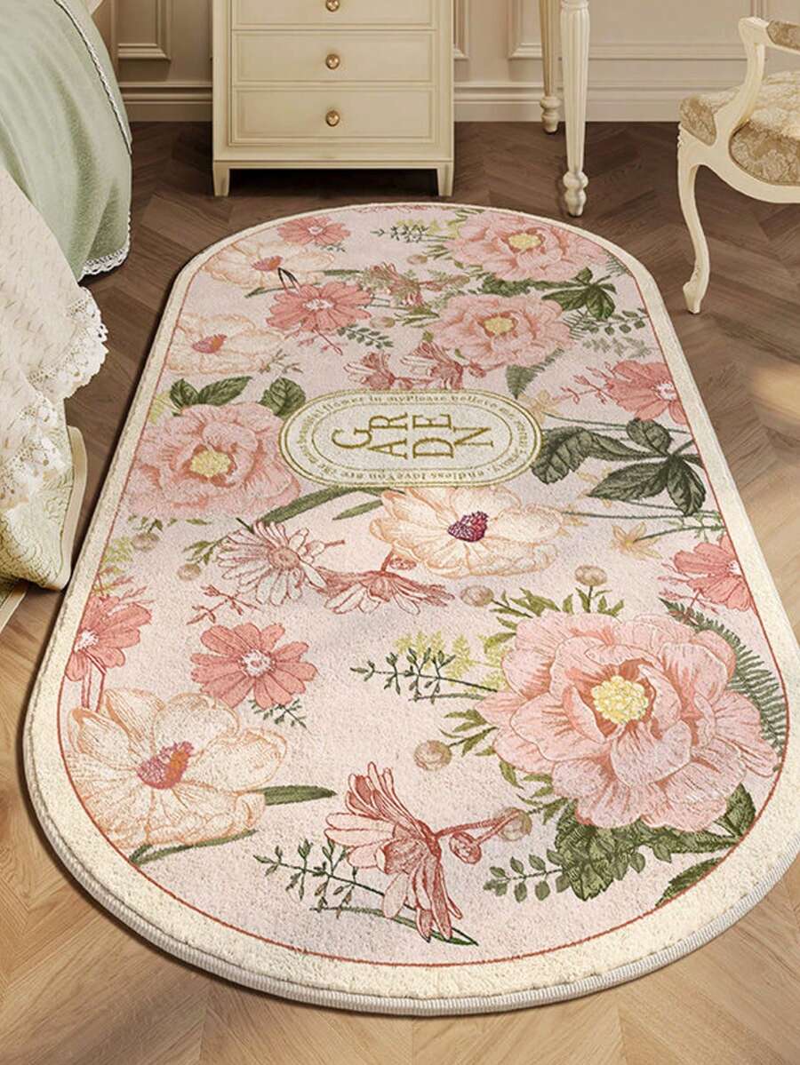 1pc Romantic Floral Oval Rug, Soft Pink Pastoral Style Carpet For ...