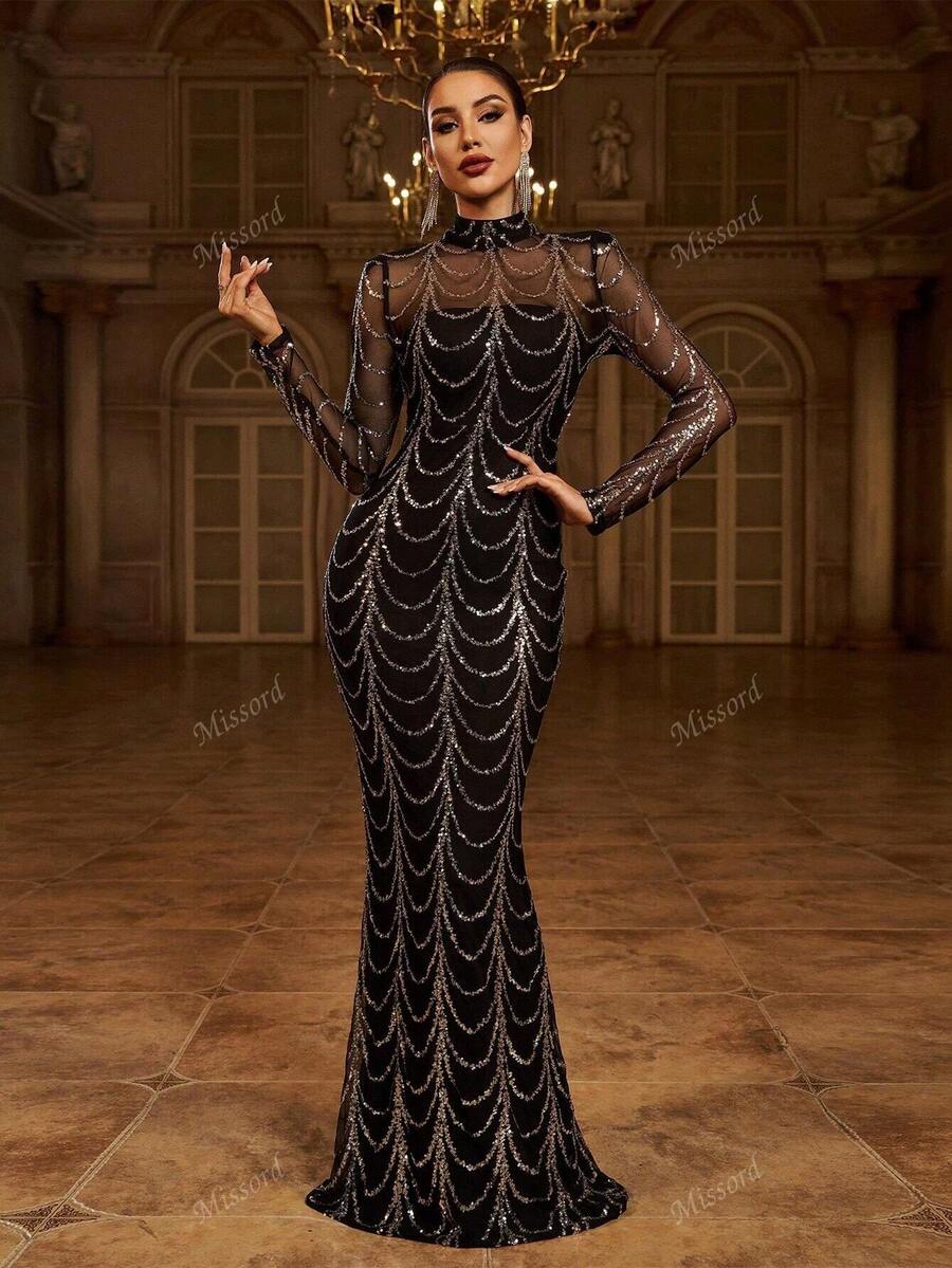 Missord Sheer Mesh Yoke Sequin Prom Dress Black Elegant Long Sleeve ...
