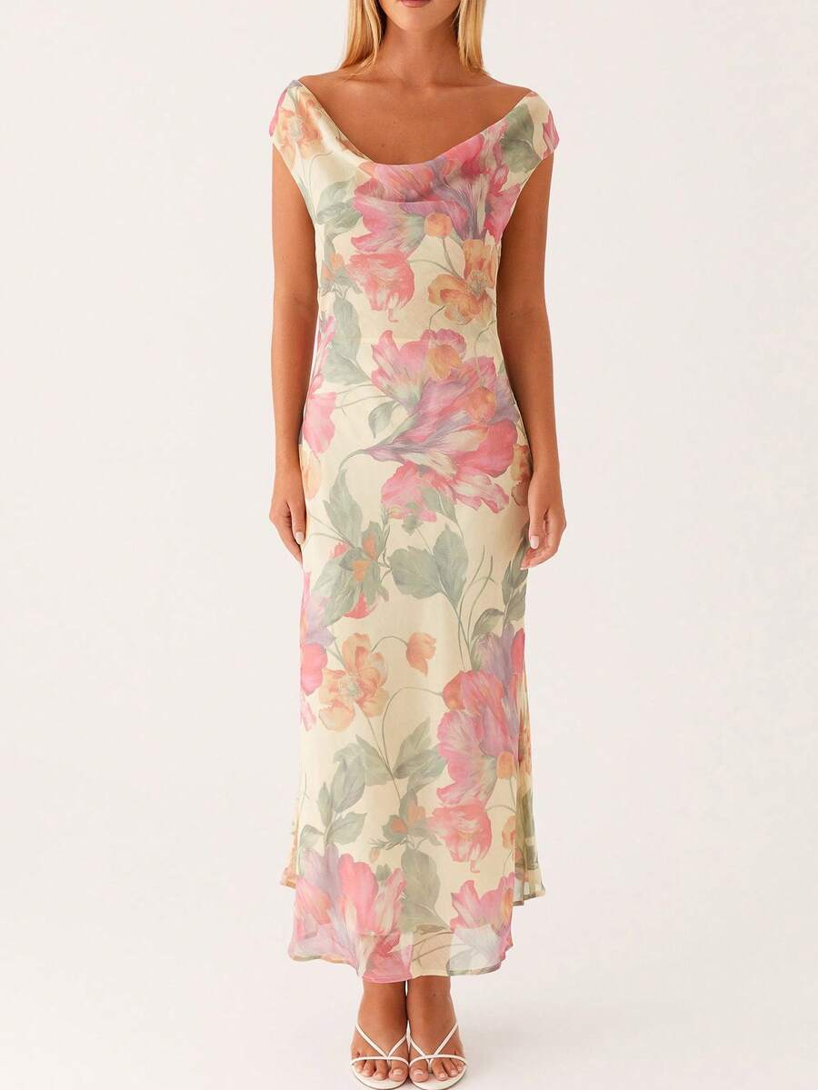 Women Tank Maxi Dress, Sleeveless Backless Drape Neck Solid/Flower ...