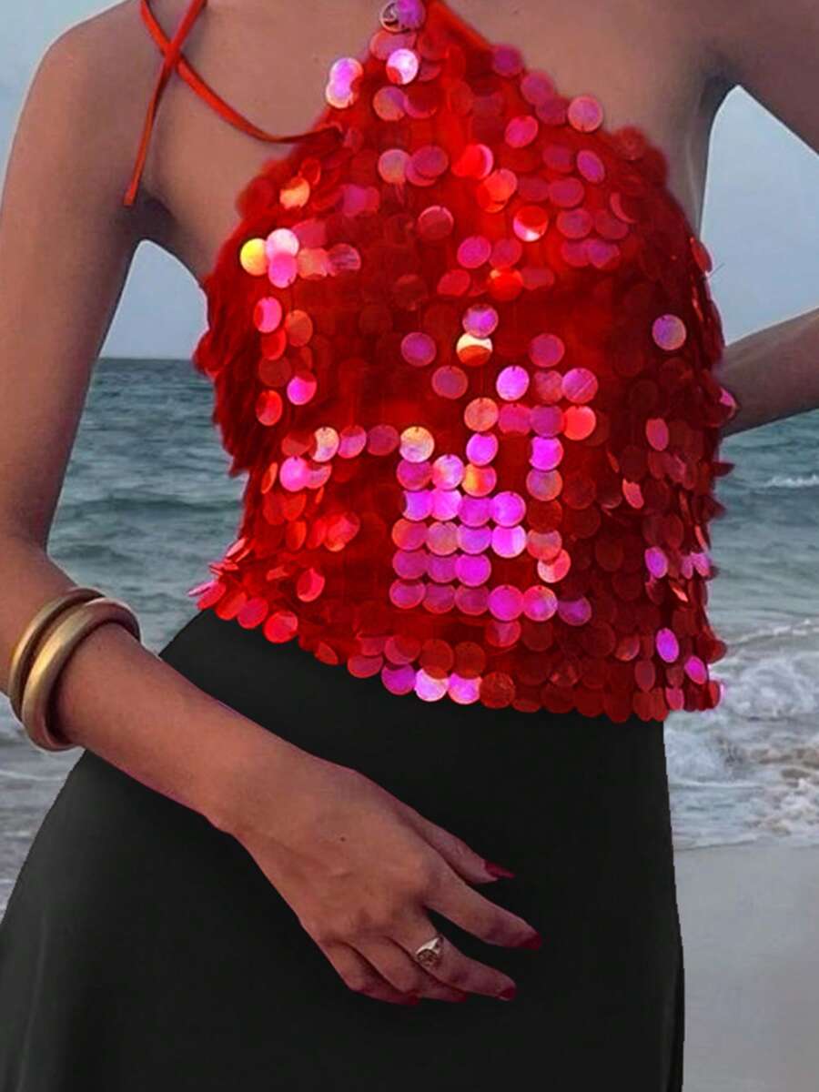 Womens Sequin Cami Tank Top Y2k Sparkly Glitter Backless Crop Top Sexy ...