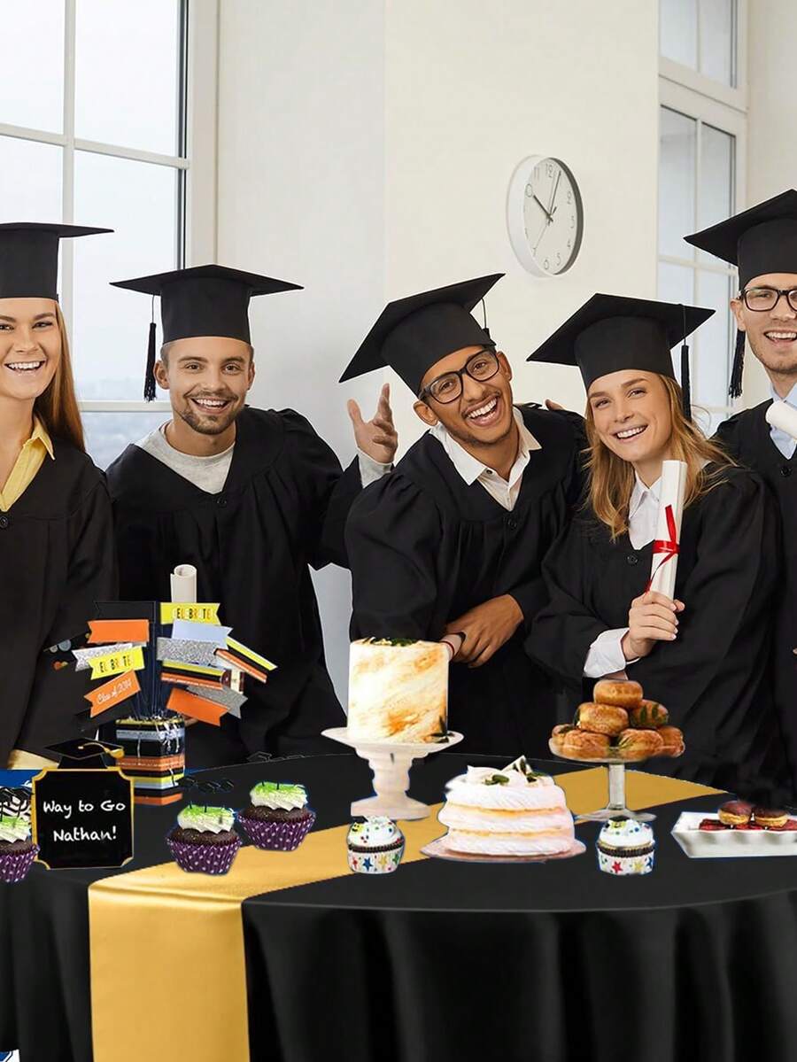 4pcs Black & Gold Graduation Decor Set, Including 12x107 Inch Satin ...
