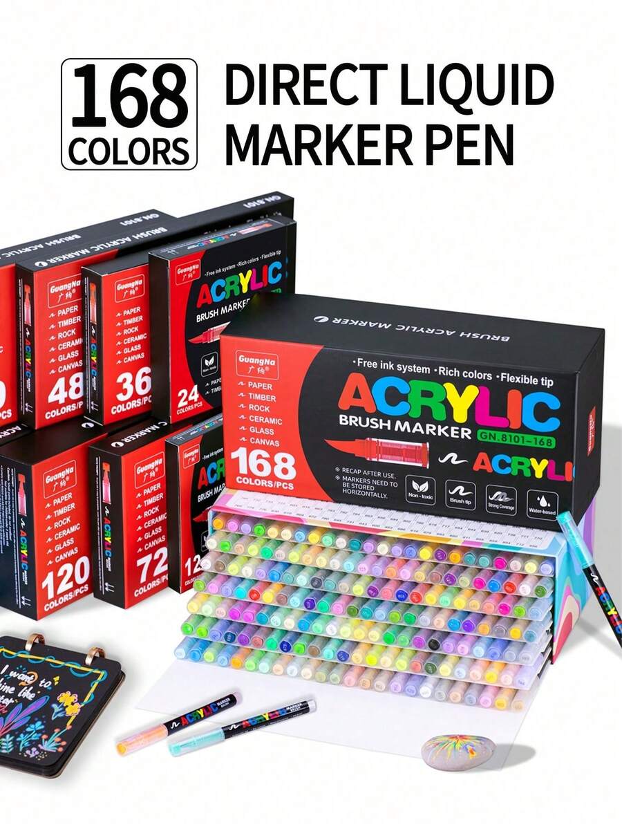 GuangNa GuangNa 168 Colors Direct Liquid Acrylic Marker Pens, Soft Nib ...
