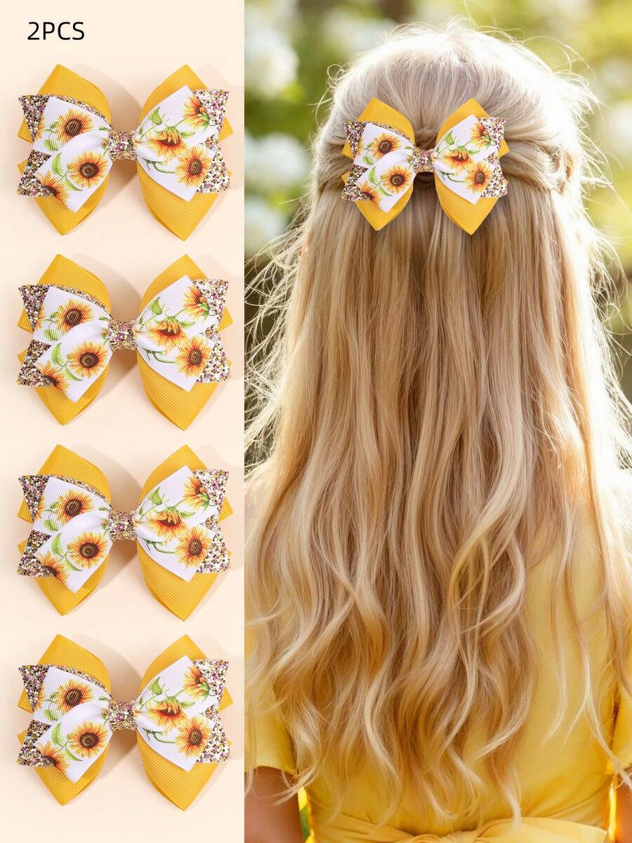 2PCS Girls Sunflower Bow Hair Clips, Girls Sparking Glitter Hair Bows ...