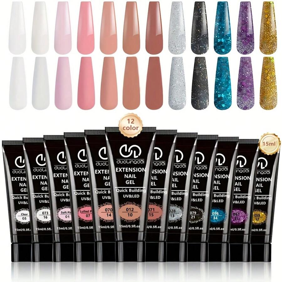 12-Color Nail Extension Gel Kit - Professional Semi-Permanent Resin Art ...
