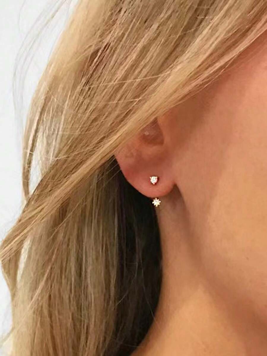 1 Pair Simple Front & Back Style Earrings, S925 Silver Needle Stud ...