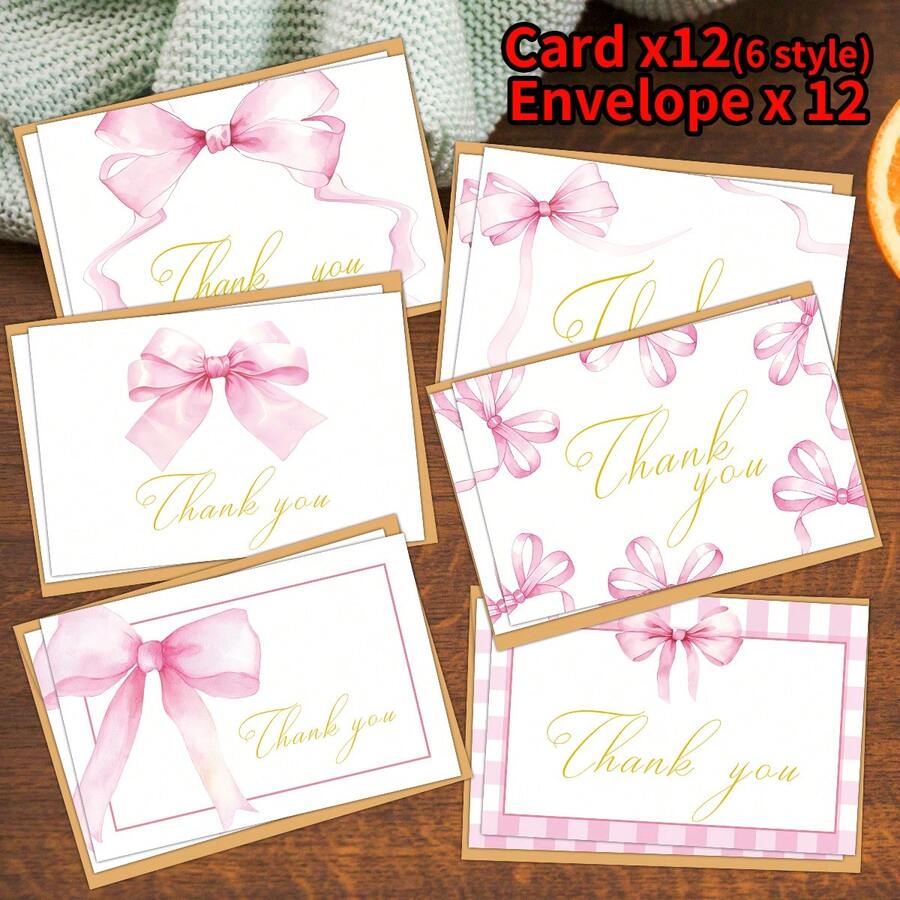 12 Packs Pink Bow Thank You Cards With Envelopes With Bow For Wedding ...