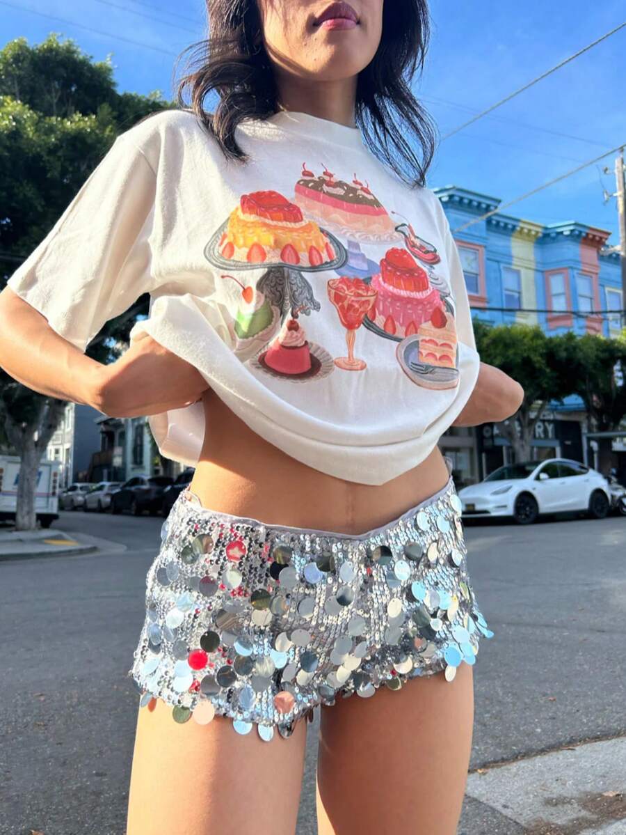 Summer Solid Color Double Layer Sequin Decor Ultra-Short Shorts, Sexy ...