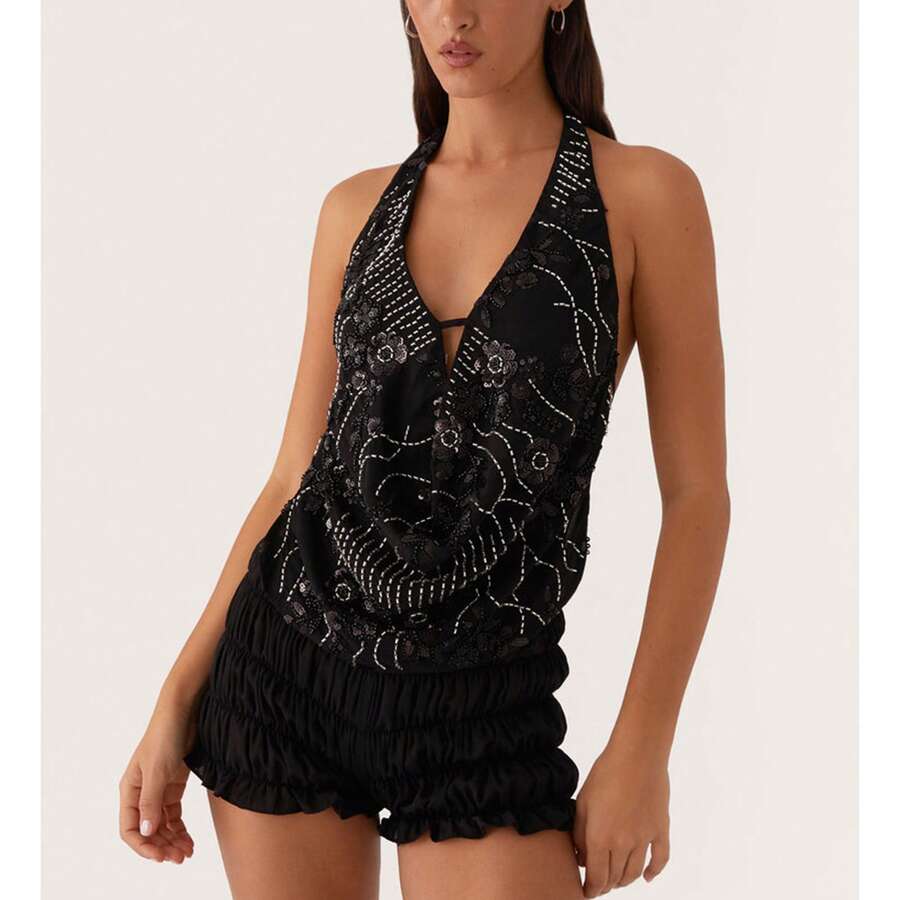 Women Y2K Sequin Halter Top Sexy Glitter Open Back Sleeveless Tank Top ...