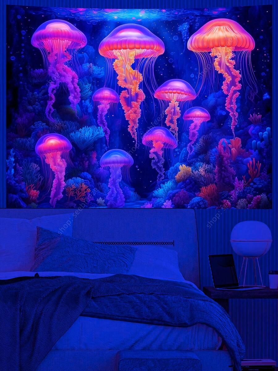 Bioluminescent Jellyfish UV Reactive Tapestry Neon Coral Reef Glowing ...