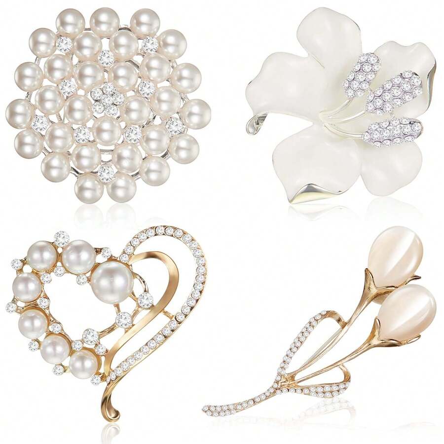 1/4pcs Women Crystal Faux Pearl Brooch, Vintage Heart Brooch, Elegant ...