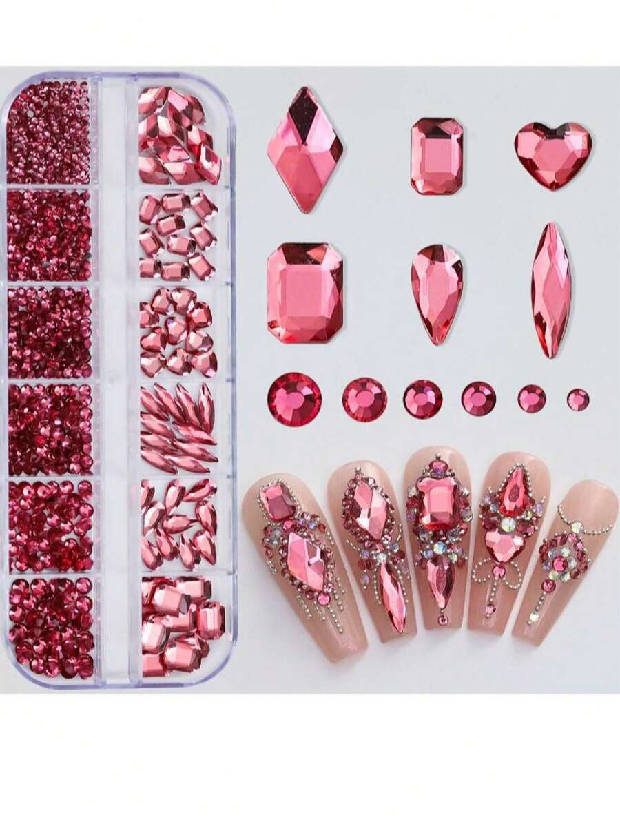 12 Grids/Box Rose Pink Rhinestones Nail Gems, 12 Styles 3D Glass ...