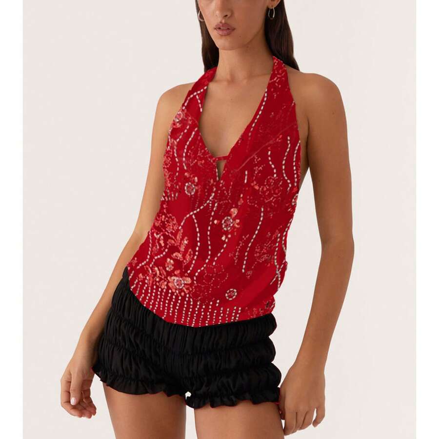 Women Y2K Sequin Halter Top Sexy Glitter Open Back Sleeveless Tank Top ...